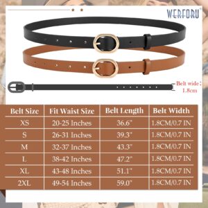 WERFORU 2 Pack Women's Skinny PU Leather Belt with Gold Buckle Ladies Thin Leather Leather Plus Size Waist Belt for Jeans Dress （Black+Brown,Fit Waist Size 31-36 Inches