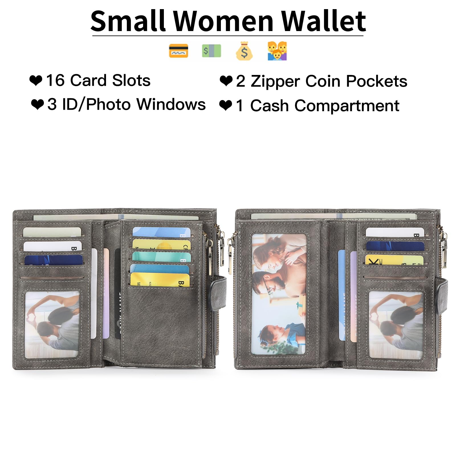 GOIACII Womens Wallets Rfid Credit Card Holder with 2 Zipper Pockets, 3 ID Windows Ladies Purse Leather