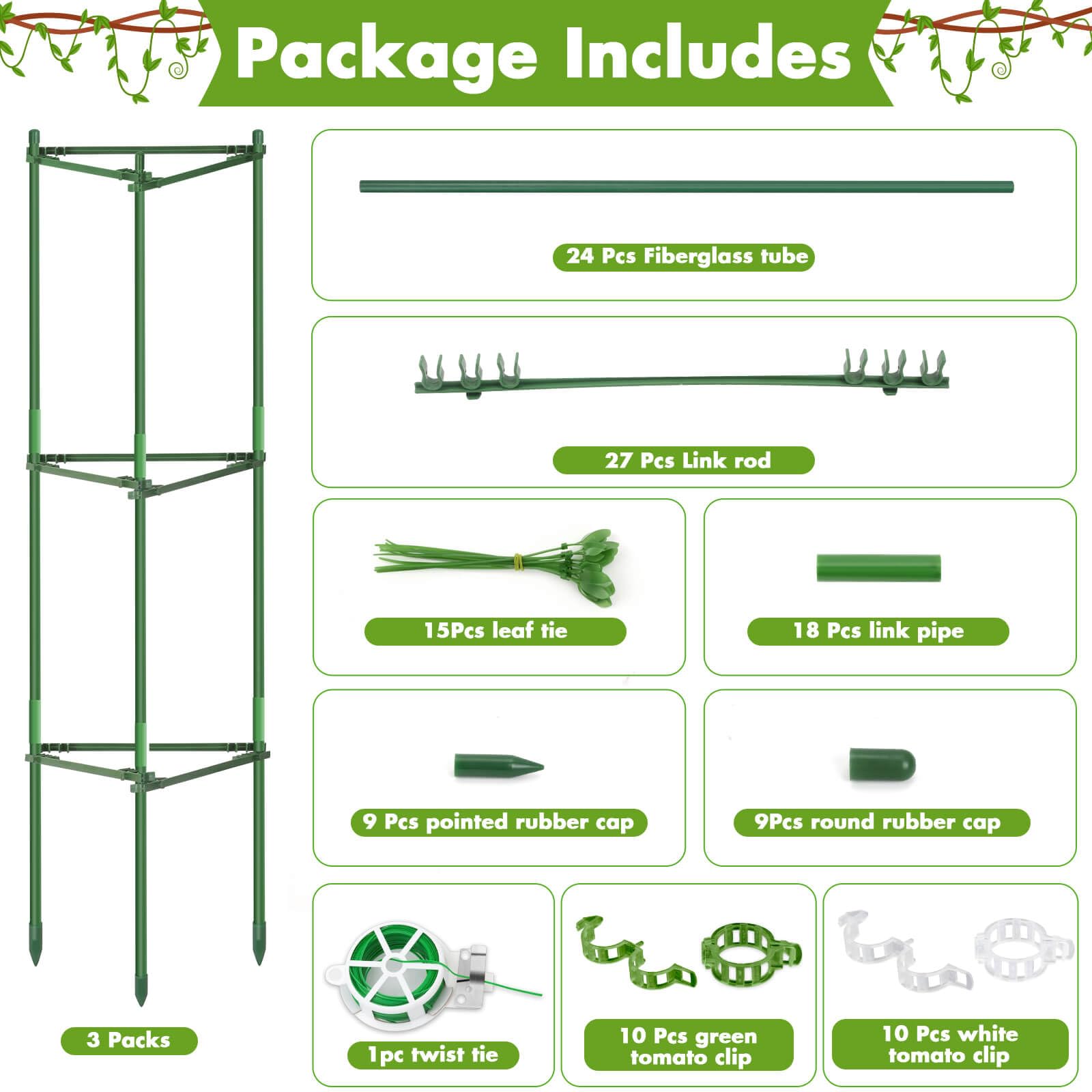 Tomato Cages for Garden,3 Pack Tomato Cages Trellis, Tomato Cages Heavy Duty Tomato Stake Support, Plant Cage Garden Cage for Pots Vegetables Plants 48 inches