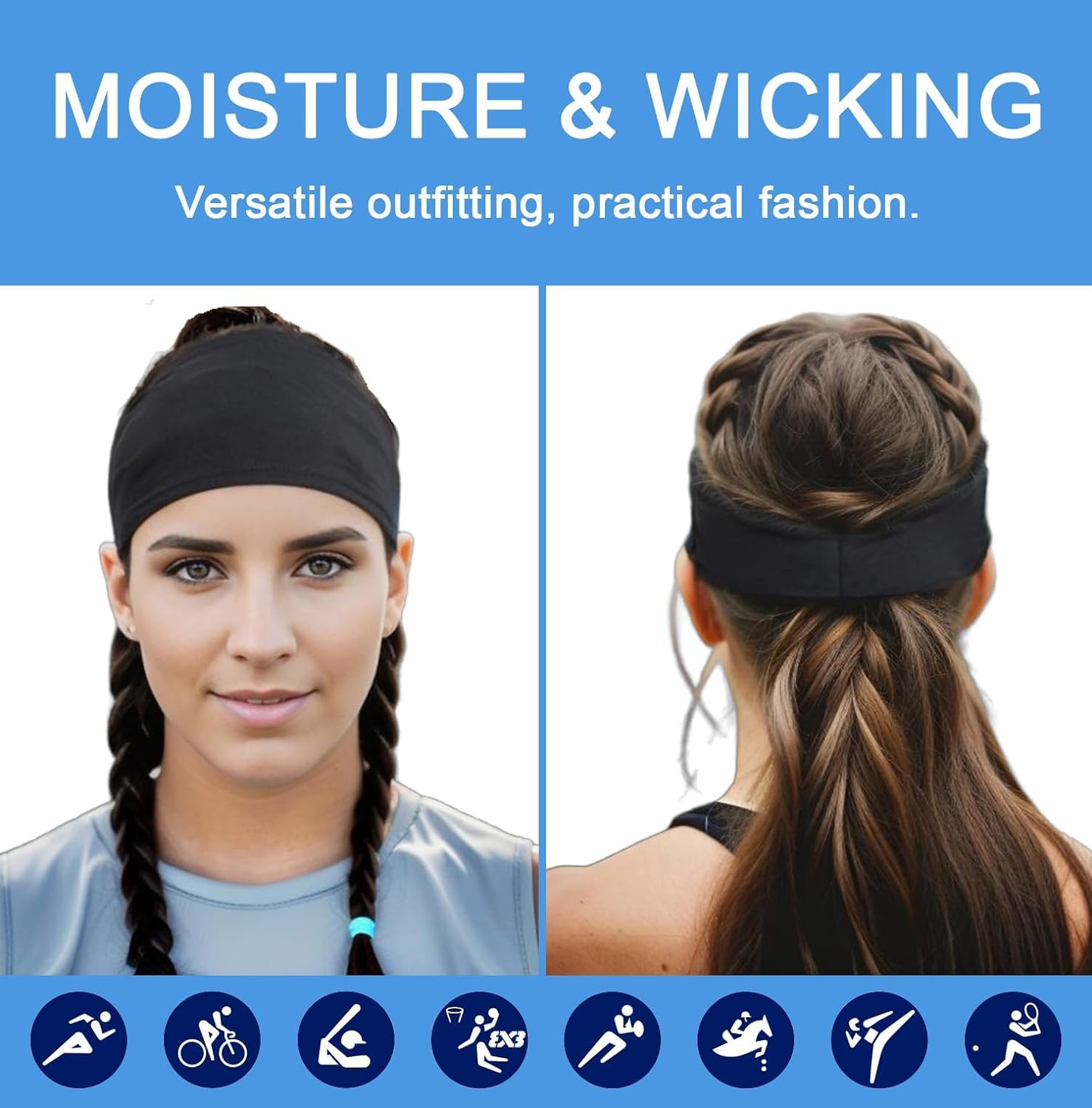 Calbeing Women Workout Black Headband with Silicone Grip(5Pack) Non Slip Sweatband Sport Hair Band for Running Exercise Gym Yoga