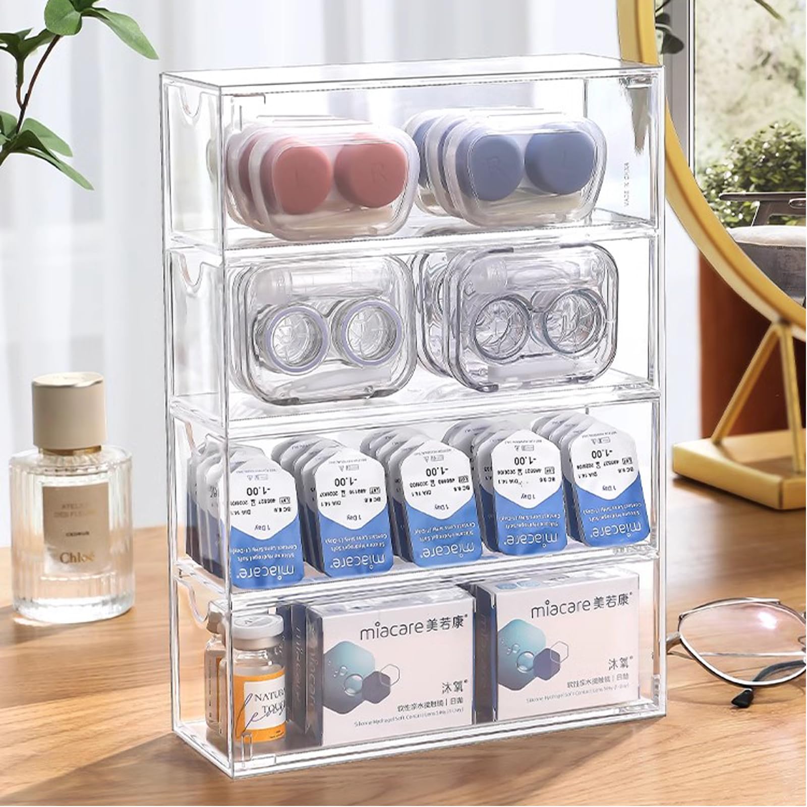 Kenpal Sunglasses Organizer for Multiple Pairs, Acrylic Stackable Glasses Holder with 4 Drawers, Transparent Eyeglass Case (1)