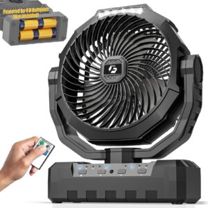 frizcol battery operated fan [200h max], 2 in 1 d-cell battery & usb powered fan, portable camping fan with 4 speeds, light, timer, remote for outdoor tent, travel, picnic, office, bedroom - black