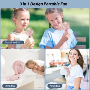 Leimaq Mini Fan Handheld, Handheld/Neck/Desk 3 in 1 Rechargeable Small Portable Fan for Travel, 2400mAh Battery Operated Fan with LED Display, 180° Foldable Fan with 5 Speed Wind (Pink)