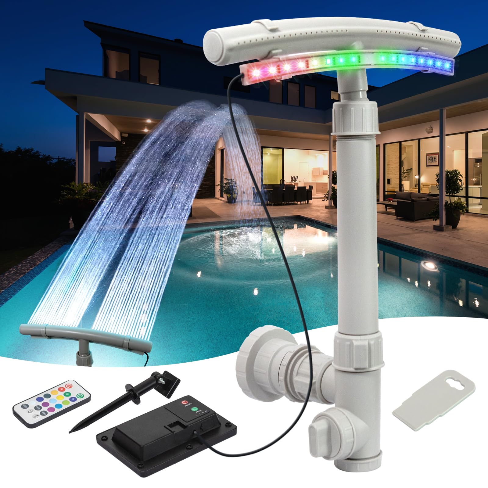 Pool Fountain for Above and In-ground Pool With 12-Color LED Lights,Solar Lights With Remote Control For Pool,360°Adjustable Waterfall Pool Sprinkler Fountain for Cooling & Relaxation,Pool Accessories