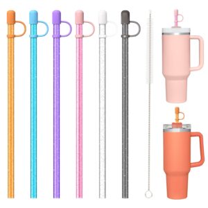 6 color replacement straws with cover caps for stanley cup 40 oz 30 oz 20 oz 14 oz 64 oz tumbler, reusable drinking straws with topper, stopper, cleaning brush for stanley cup accessorie