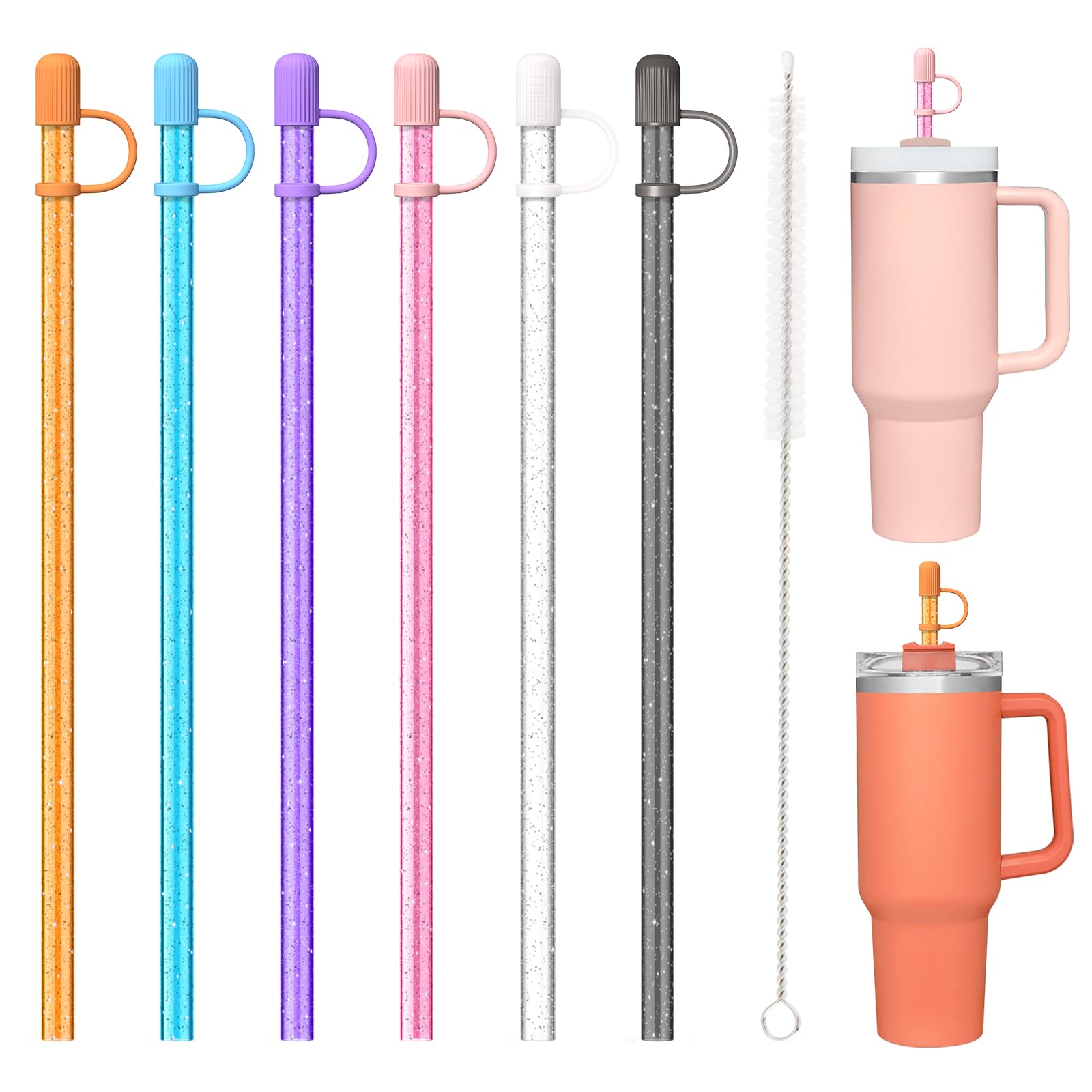 6 Color Replacement Straws with Cover Caps for Stanley Cup 40 oz 30 oz 20 oz 14 oz 64 oz Tumbler, Reusable Drinking Straws with Topper, Stopper, Cleaning Brush for Stanley Cup Accessorie