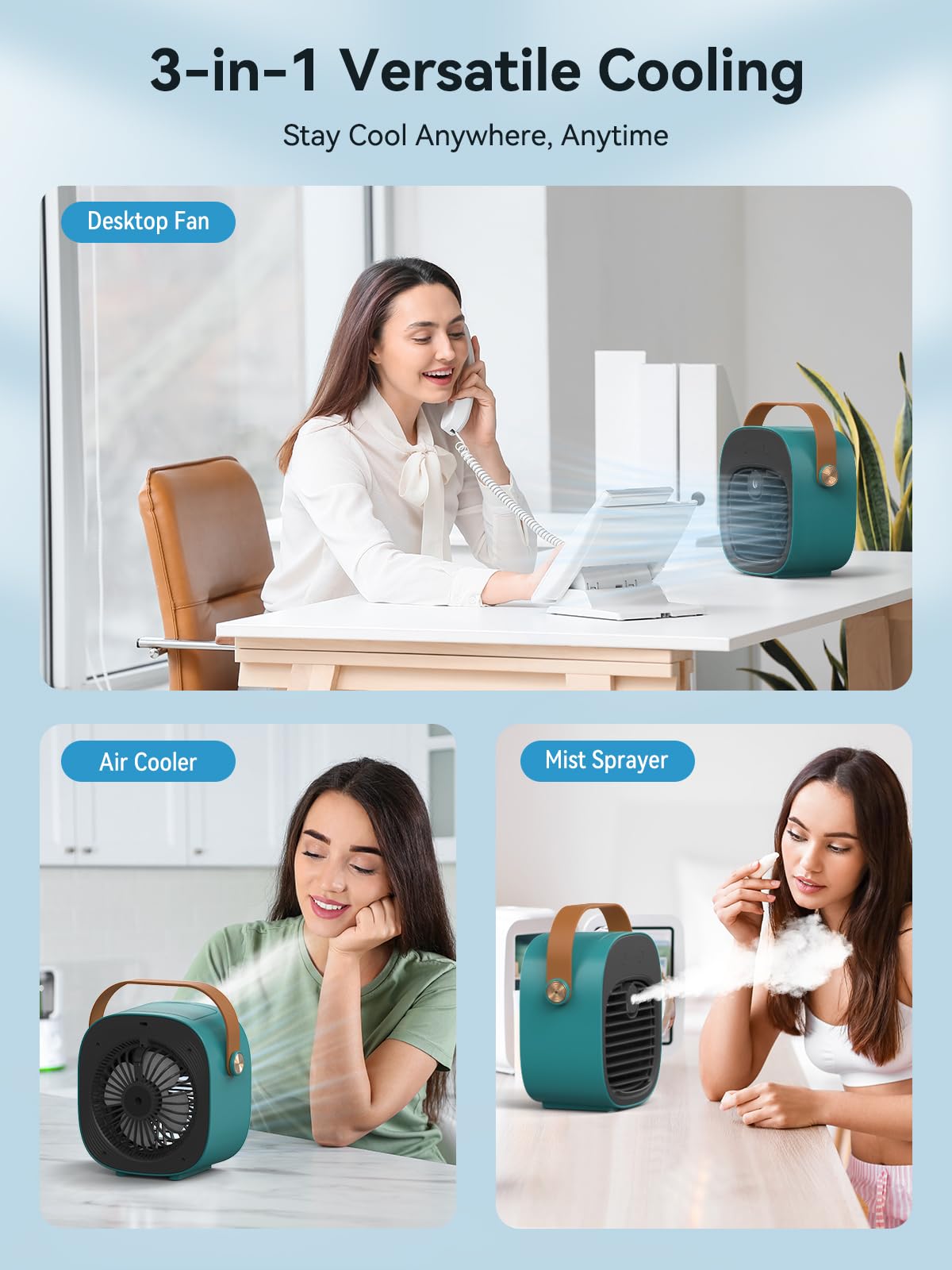 2024 Air Conditioner Portable- Rechargeable Personal Air Cooler with 3 Speeds, Mini Air Conditioner Fan, Quiet Desk Cooling Fan for Home, Bedroom, Travel, Office, Outdoor, Indoor