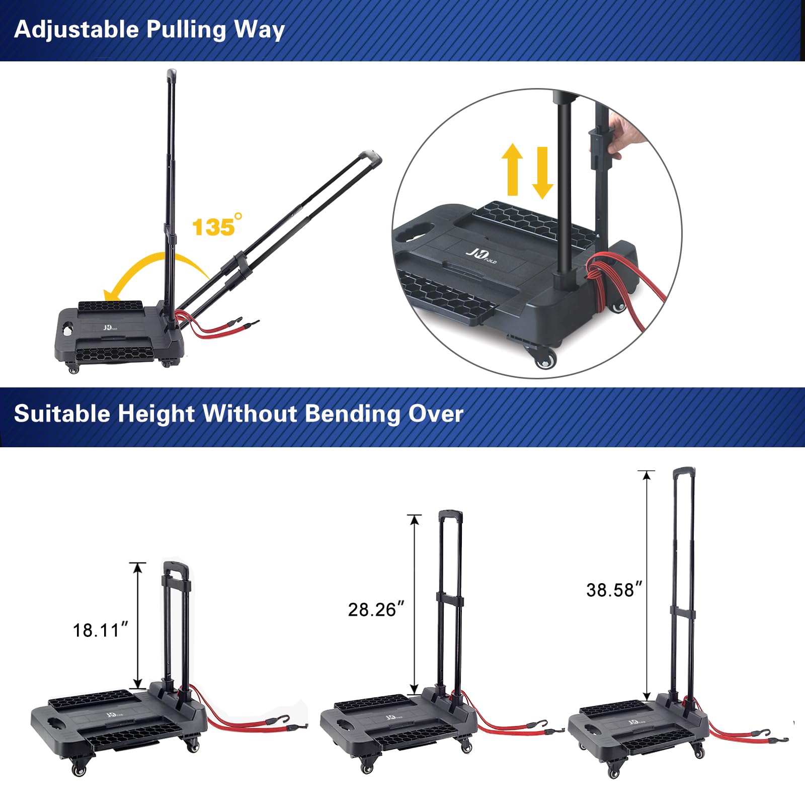 JMFOLD 70 lbs Folding Hand Truck,Lightweight Hand Truck Dolly with 2 Wheels & 2 Ropes,Portable Trolley,Folding Luggage Cart,Airport,Travel,Moving and Office Use (Heavy Duty Cart)