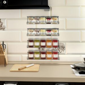 Wall Mounted Spice Rack Organizer for Cabinet Door, Set of 4 Condiment Seasoning Organizer Wall Spice Rack Hanging Shelf for Spice Jars, Spice Jar Holder for Kitchen Cabinet Pantry Door (Black)