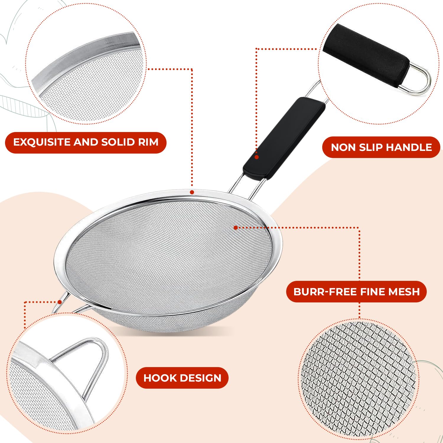 Herlig™ Fine Mesh Strainer Set - Pack of 3 Rust Proof Stainless Steel Mesh Strainer with Handle, Kitchen Food Strainer Steel Mesh Strainer Set of 3, 3.15", 7.10", 7.87"