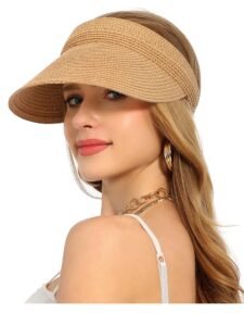 womens beach straw sun visor hat ponytail hole uv protection wide brim summer cap packable for travel upf 50+(khaki)