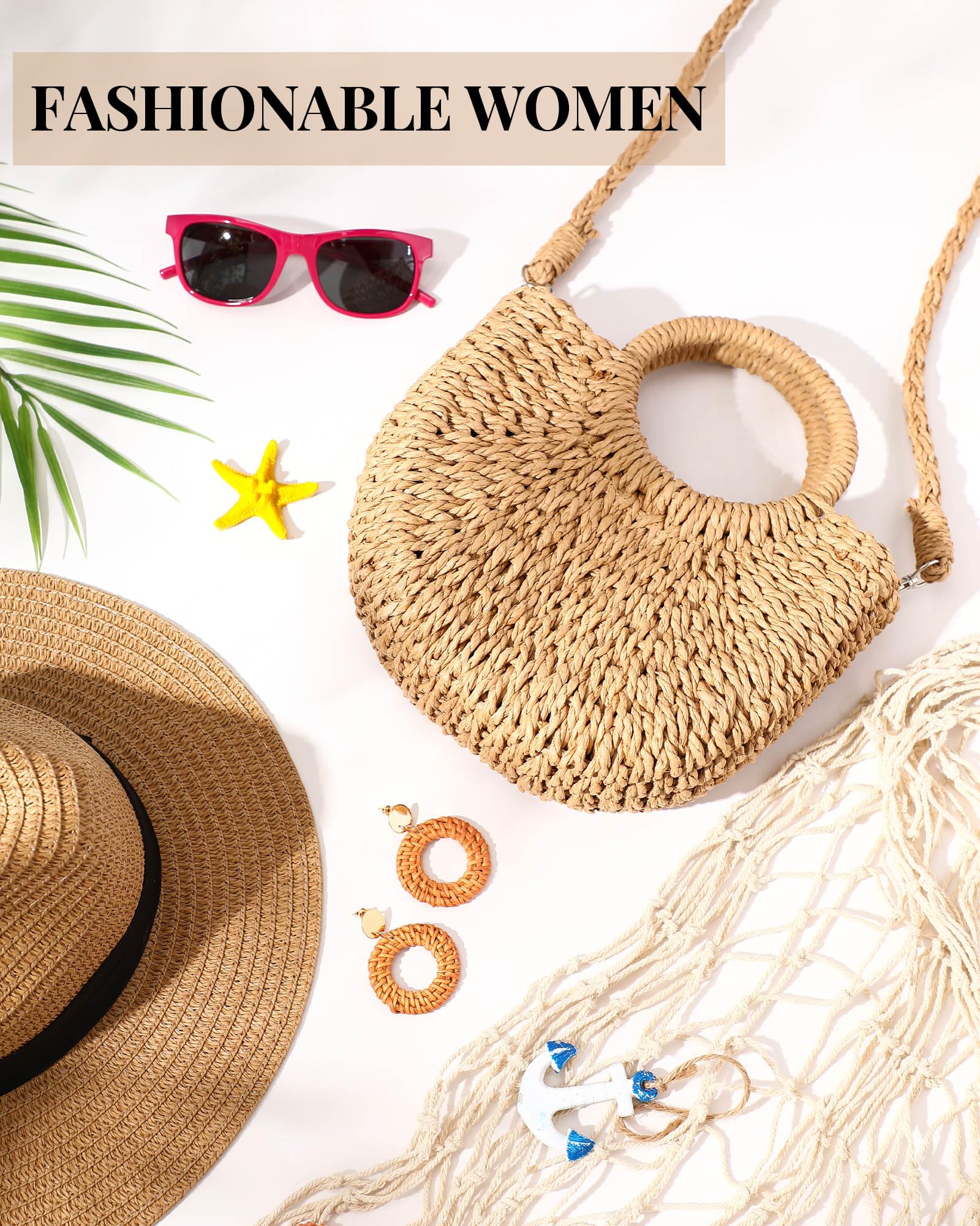 3 Pcs Women Straw Bag Rattan Wide Brim Sun Hat Woven Earrings for Summer Beach