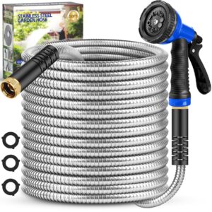 bazolota garden hose 50ft, metal stainless steel water hose with nozzle, lightweight, flexible and sturdy, anti-wear and puncture-proof, no kink, suitable for yards and outdoor