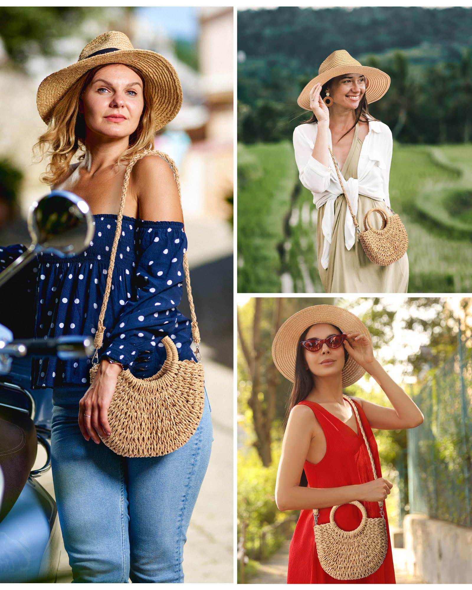 3 Pcs Women Straw Bag Rattan Wide Brim Sun Hat Woven Earrings for Summer Beach