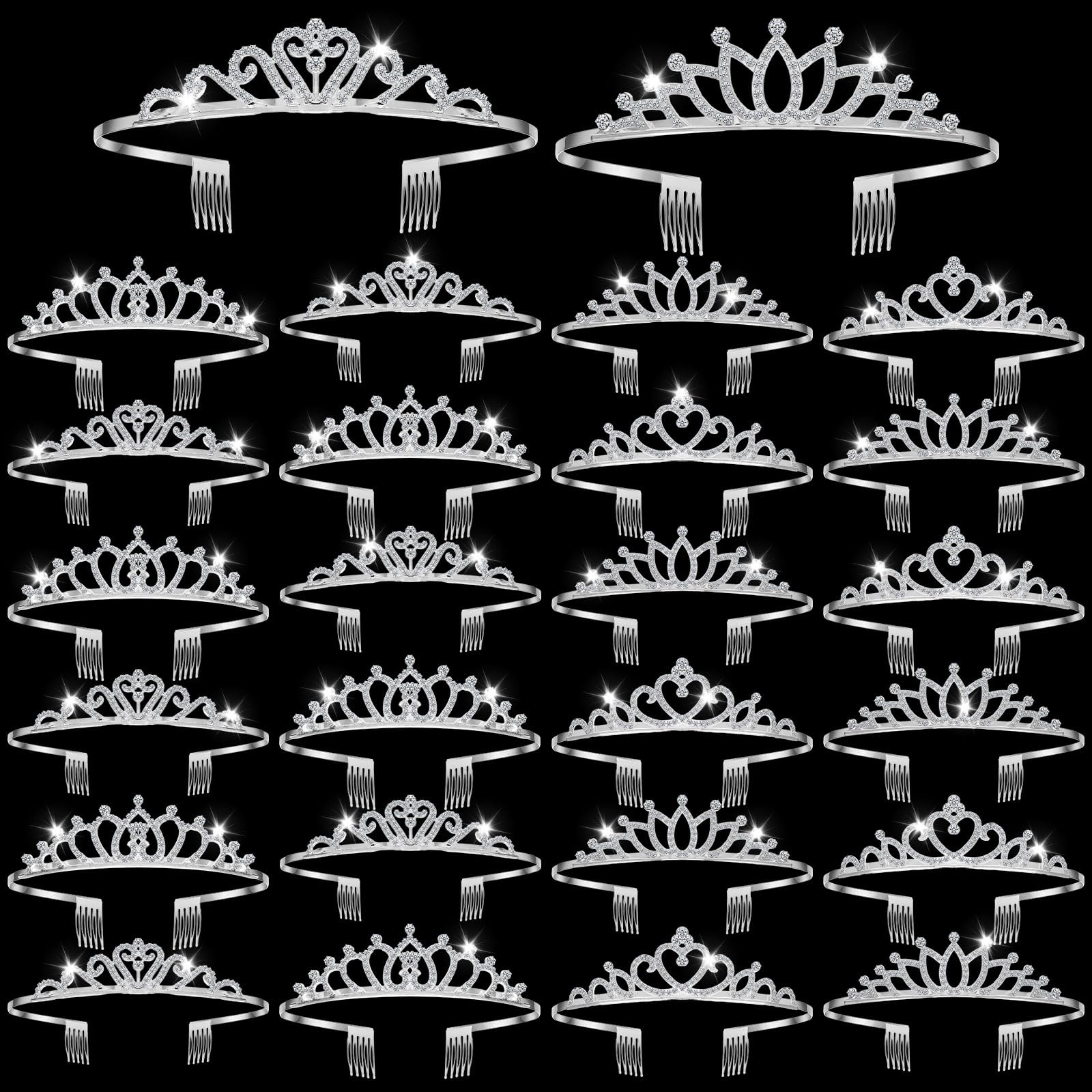 Yuefunny 24 Pcs Crystal Tiara Headbands for Women Princess Headband Silver Crown with Combs Crown Headband for Pageant Bridal Prom Party Gifts(Elegant,Silver)