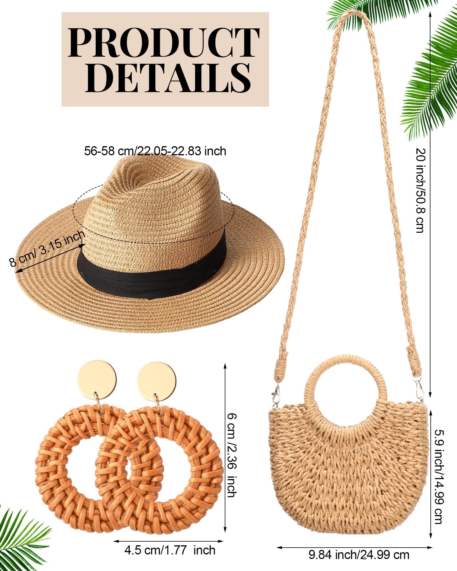 3 Pcs Women Straw Bag Rattan Wide Brim Sun Hat Woven Earrings for Summer Beach