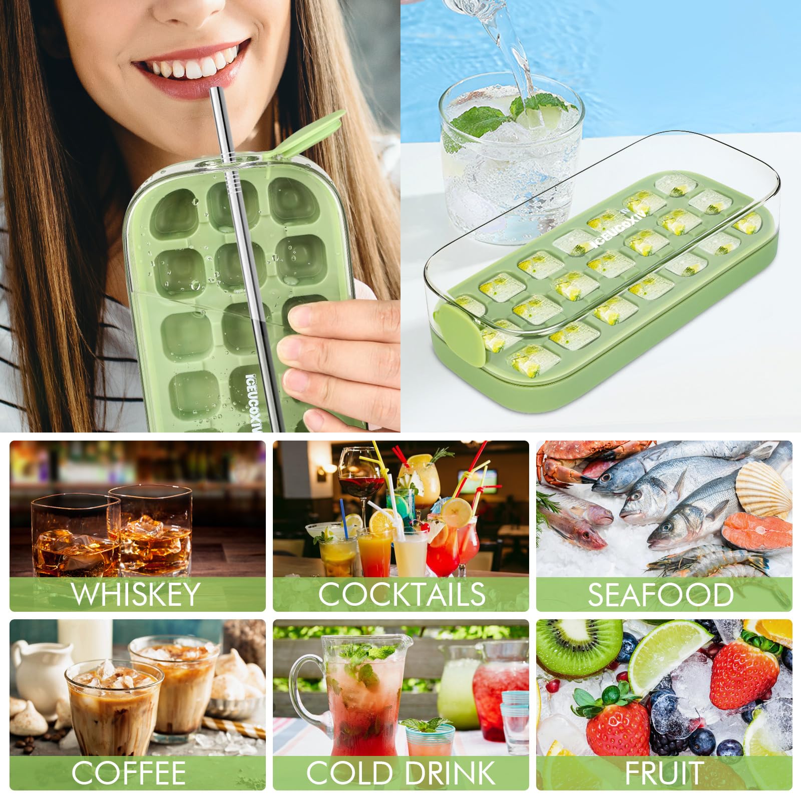 Ice Cube Tray, Easy Release Ice Mold - Silicone 21 pcs Ice Cube Trays for freezer - Ice Box for Cocktail, Tea, Coffee