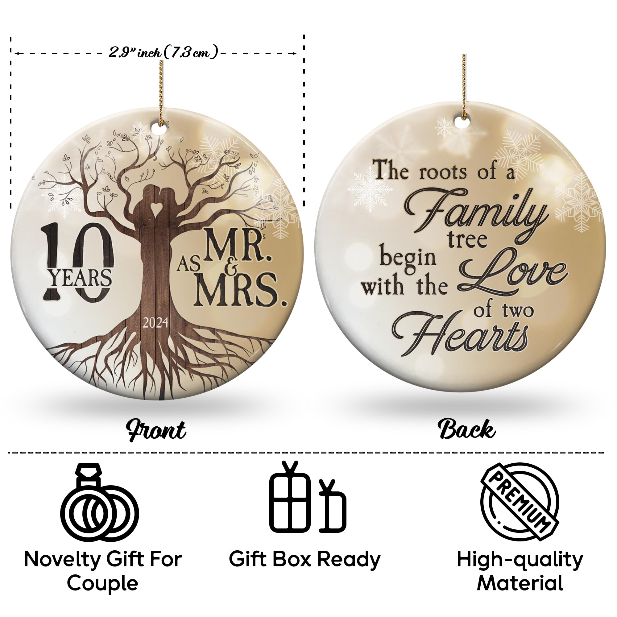 Giveena 10th 2024 Wedding Anniversary Ornament - Christmas Ceramic Ornament Gift Anniversary for Couple, Parents, Friend Her Him - 10th Wedding Anniversary Present Holiday Decoration Hanging Ornament