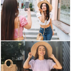 3 Pcs Women Straw Bag Rattan Wide Brim Sun Hat Woven Earrings for Summer Beach