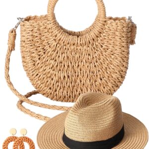 3 Pcs Women Straw Bag Rattan Wide Brim Sun Hat Woven Earrings for Summer Beach