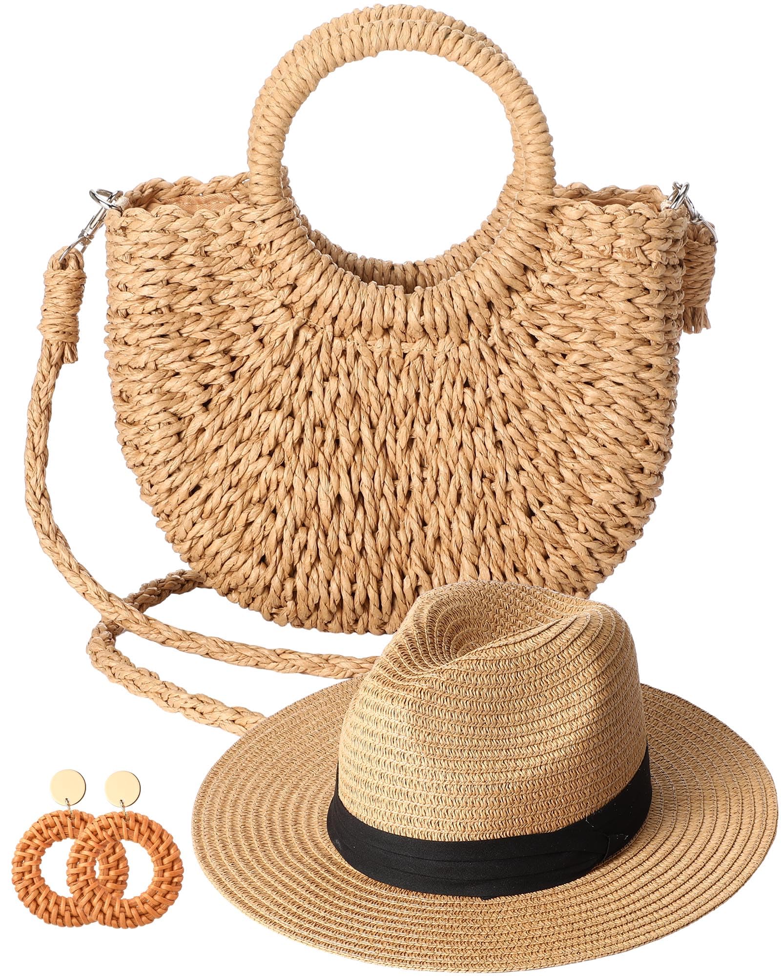 3 Pcs Women Straw Bag Rattan Wide Brim Sun Hat Woven Earrings for Summer Beach