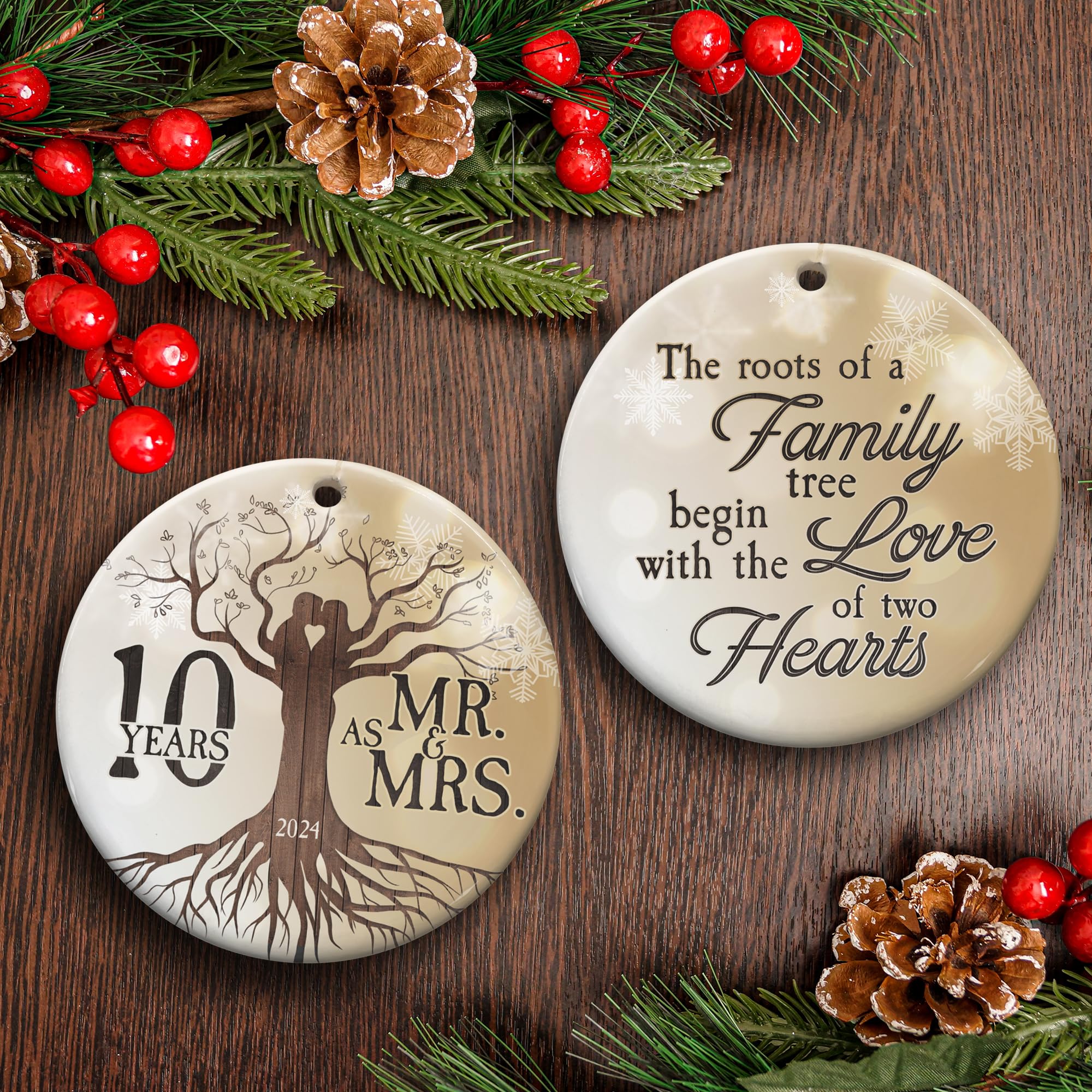 Giveena 10th 2024 Wedding Anniversary Ornament - Christmas Ceramic Ornament Gift Anniversary for Couple, Parents, Friend Her Him - 10th Wedding Anniversary Present Holiday Decoration Hanging Ornament