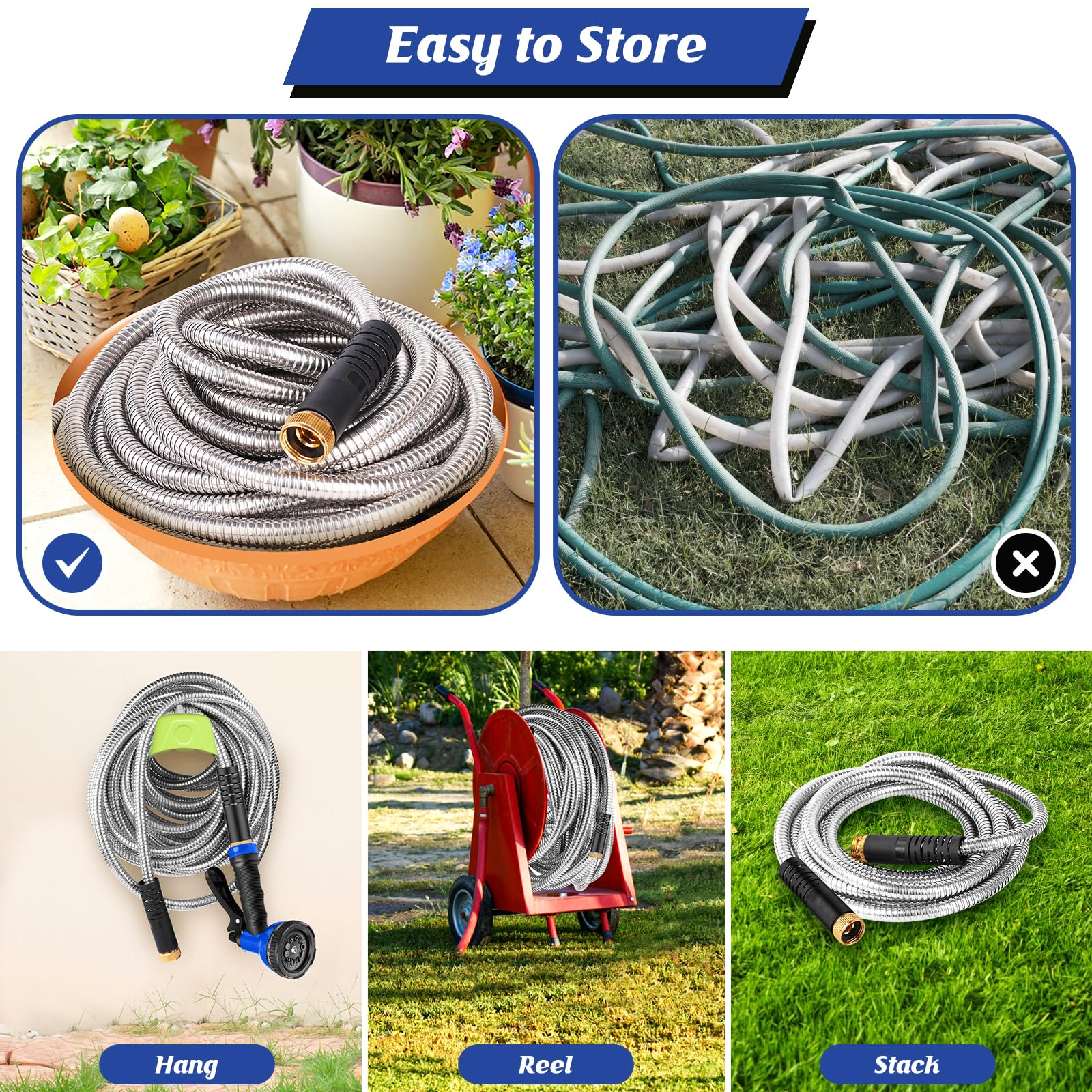 BAZOLOTA Garden Hose 50ft, Metal Stainless Steel Water Hose with Nozzle, Lightweight, Flexible and Sturdy, Anti-Wear and Puncture-Proof, No Kink, Suitable for Yards and Outdoor