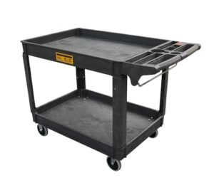 utility service cart, 2-shelf 500lbs heavy duty plastic rolling utility cart with 360° swivel wheels, lipped shelves, ergonomic storage handle for warehouse/garage/cleaning/manufacturing