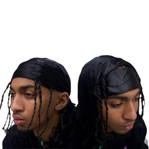 Blavic Durag For Braids, Locs, And Twist - Silk Durag for Men, Long Double Wide Straps, Outside Seam Triple Stitch Du Rag (Black), Small