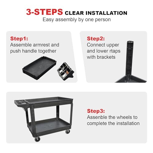 Utility Service Cart, 2-Shelf 500LBS Heavy Duty Plastic Rolling Utility Cart with 360° Swivel Wheels, Lipped Shelves, Ergonomic Storage Handle for Warehouse/Garage/Cleaning/Manufacturing