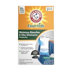 arm & hammer essentials hanging moisture absorber and odor eliminator, 17.5 oz., 3 pack, linen fresh, moisture absorbers for closets, laundry rooms and bedrooms, long-lasting freshness