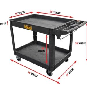 Utility Service Cart, 2-Shelf 500LBS Heavy Duty Plastic Rolling Utility Cart with 360° Swivel Wheels, Lipped Shelves, Ergonomic Storage Handle for Warehouse/Garage/Cleaning/Manufacturing