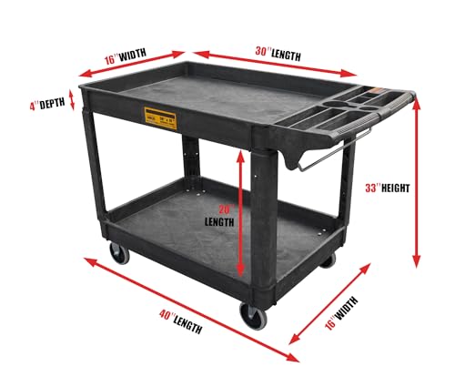 Utility Service Cart, 2-Shelf 500LBS Heavy Duty Plastic Rolling Utility Cart with 360° Swivel Wheels, Lipped Shelves, Ergonomic Storage Handle for Warehouse/Garage/Cleaning/Manufacturing