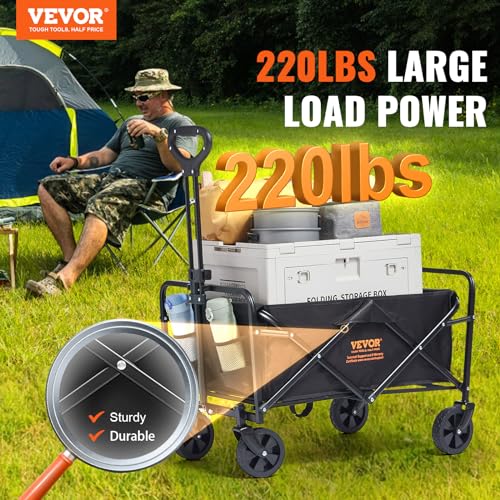 VEVOR Collapsible Folding Wagon Cart, 220lbs Heavy Duty Wagons Carts Foldable with Wheels, Outdoor Portable Garden Cart Utility Wagon for Groceries Camping Sports with Large Capacity & Drink Holder