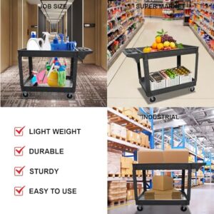 Utility Service Cart, 2-Shelf 500LBS Heavy Duty Plastic Rolling Utility Cart with 360° Swivel Wheels, Lipped Shelves, Ergonomic Storage Handle for Warehouse/Garage/Cleaning/Manufacturing