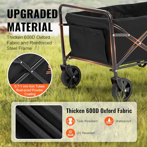 VEVOR Collapsible Folding Wagon Cart, 220lbs Heavy Duty Wagons Carts Foldable with Wheels, Outdoor Portable Garden Cart Utility Wagon for Groceries Camping Sports with Large Capacity & Drink Holder