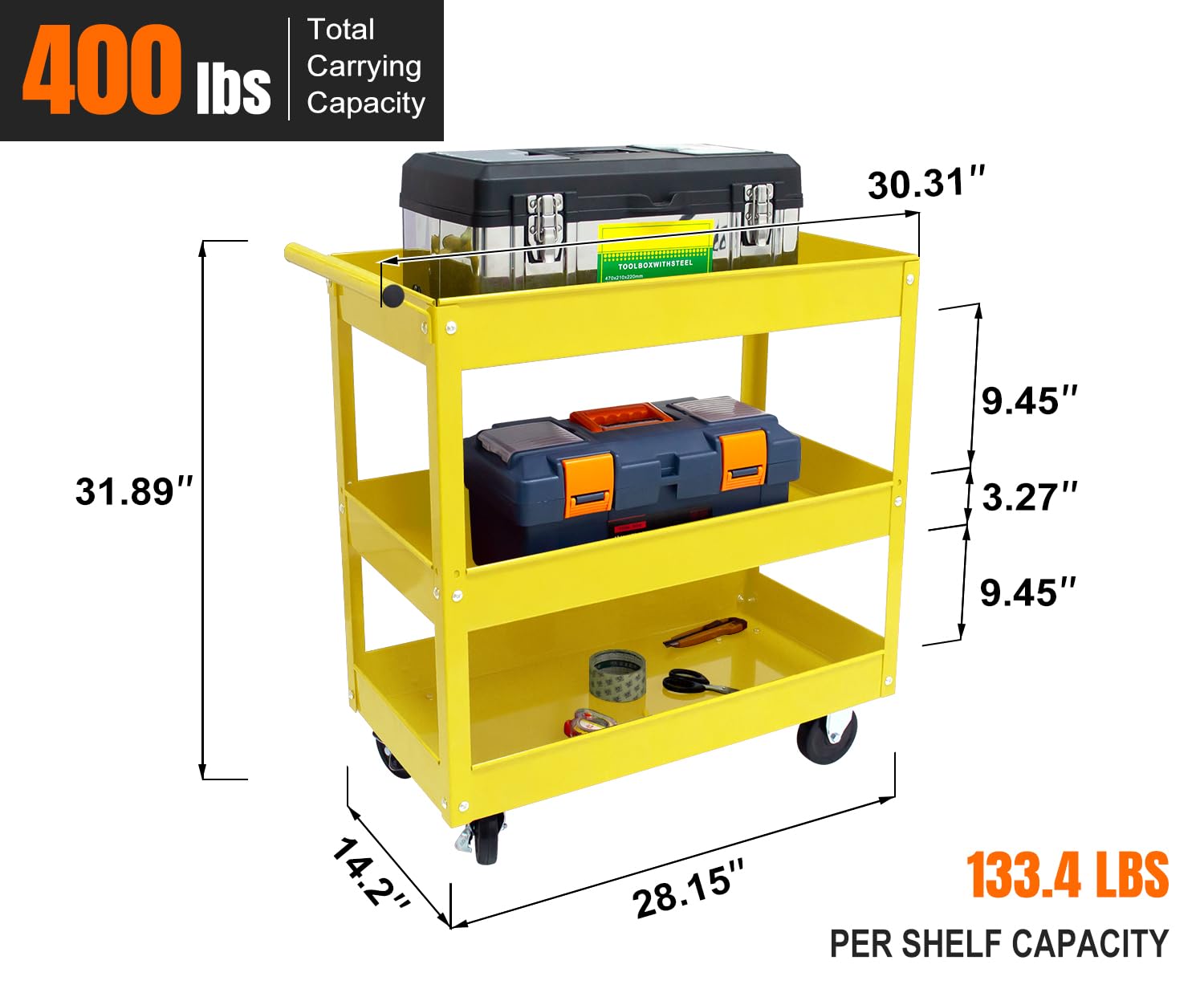 Generic 3 Tier Utility Service Cart 400 lbs, Steel Rolling Tool Cart on Wheels,Load Capacity for Mechanic Garage Warehouse Workshop & Repair Shop,Yellow