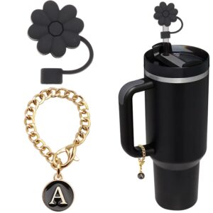 stanley cup accessories, 1pc flower stanley straw cover silicone straw topper for stanley 30&40 oz tumbler with handle and 1pc initial letter charm for stanley cup (letter a)