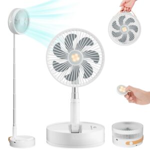 portable oscillating standing fan with remote light timer, rechargeable 7200mah battery operated fan personal foldaway fan cordless small desk floor fan pedestal fans for room office camping travel