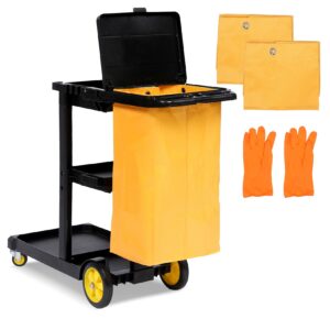 gaomon cleaning cart - 3 tier commercial janitorial cart with two 25-gallon pvc bags, 500lbs capacity plastic housekeeping cart with cover lid, 43.3" l x 19.7" w x 38.6" h, black