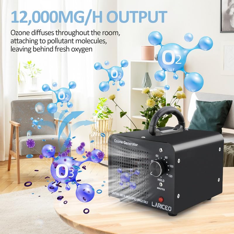 LARICEO 12000mg/h Ozone Generator - Powerful Commercial Ozone Machine for Home, Car, and More - Effectively Eliminate Odors, Smoke, and Pet Odors with High Capacity (Black)