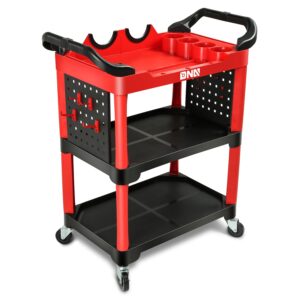 dna motoring 3-level heavy duty composite workshop trolley 120 kg / 260 lbs capacity cart side portable on wheels w/pegboard for garage warehouse workshop use, black/red, tools-00429