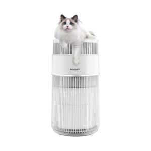 wisesky air purifier for home cat hair pee smell in bedroom, cat safety by 24 voltage, 360° air inlet, 3 in 1 hepa filter removes dust, dander, odor, smart app control, 23db sleep mode, w-cat, white