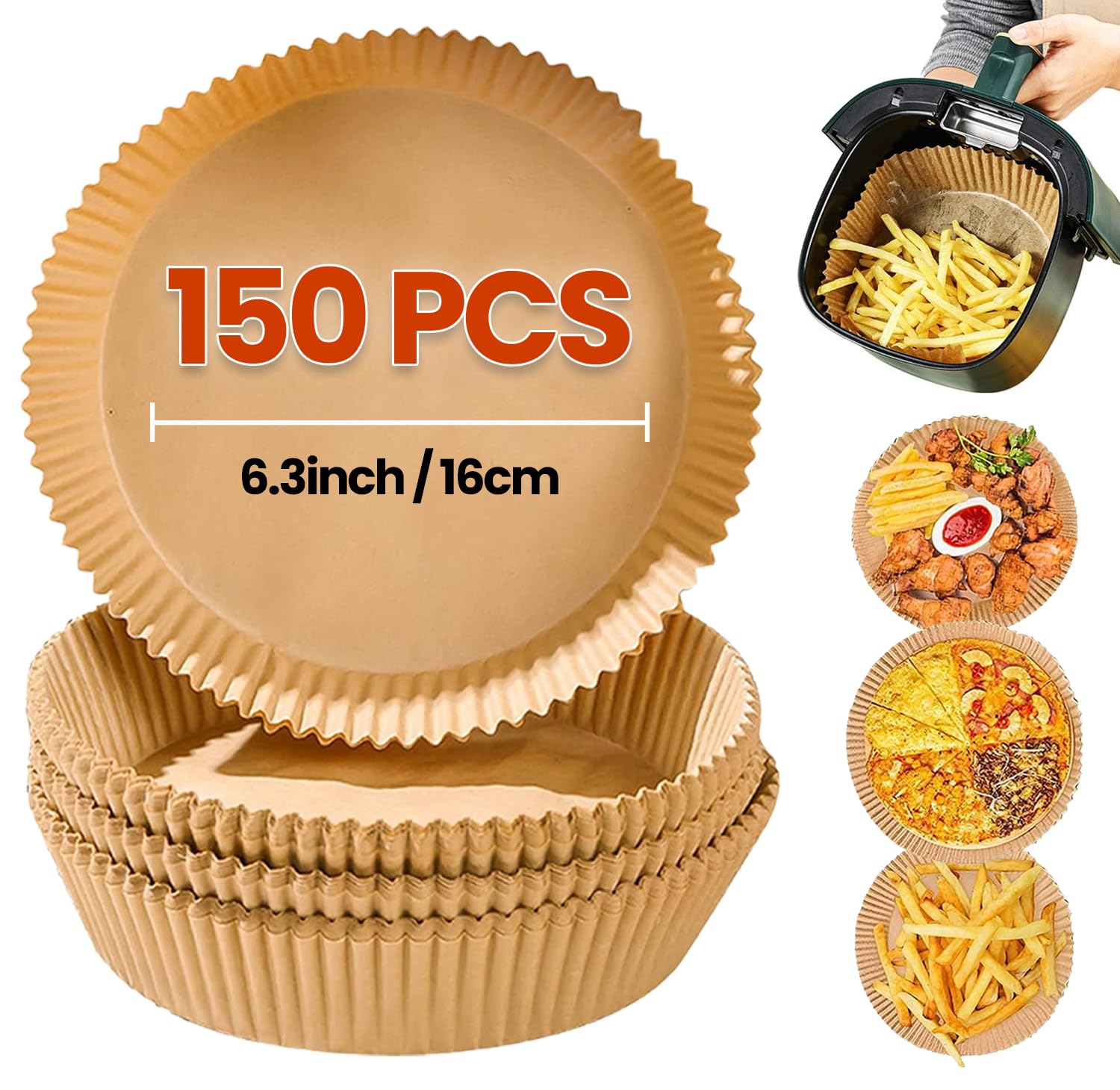 Air Fryer Liners, 150Pcs Non-Stick Waterproof Liners Disposable Air Fryer Liner Heat-Resistant Food Grade Parchment for Roasting Cooking Microwave (6.3 Inch)