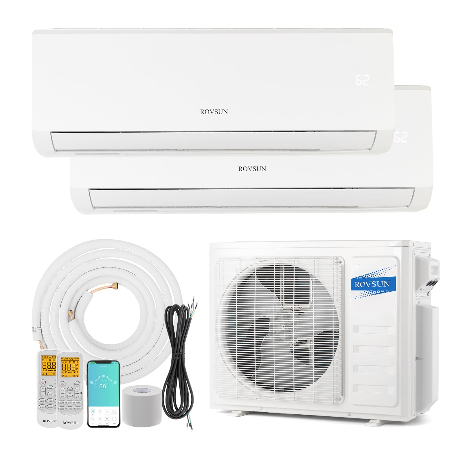 ROVSUN Dual Zone 12000 + 12000 BTU WIFI Mini Split AC/Heating System, 19 SEER2 2 Zone 18000 BTU Ductless Split Air Conditioner with Pre-Charged Condenser, Heat Pump & 25Ft Installation Kit, 208-230V