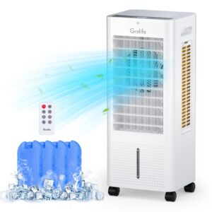 grelife air cooler,3-in-1 portable evaporative air cooler cooling fan with 4 ice packs,12h timer,1.58 gallons,remote control,3 modes,3 speeds,personal swamp cooler for bedroom, home, office, white