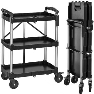 yitahome folding utility service cart, 350lbs 3 tier foldable cart with wheels collapsible cart on wheels with 360°swivel wheels (2 with brakes), portable cart for home garage restaurant office