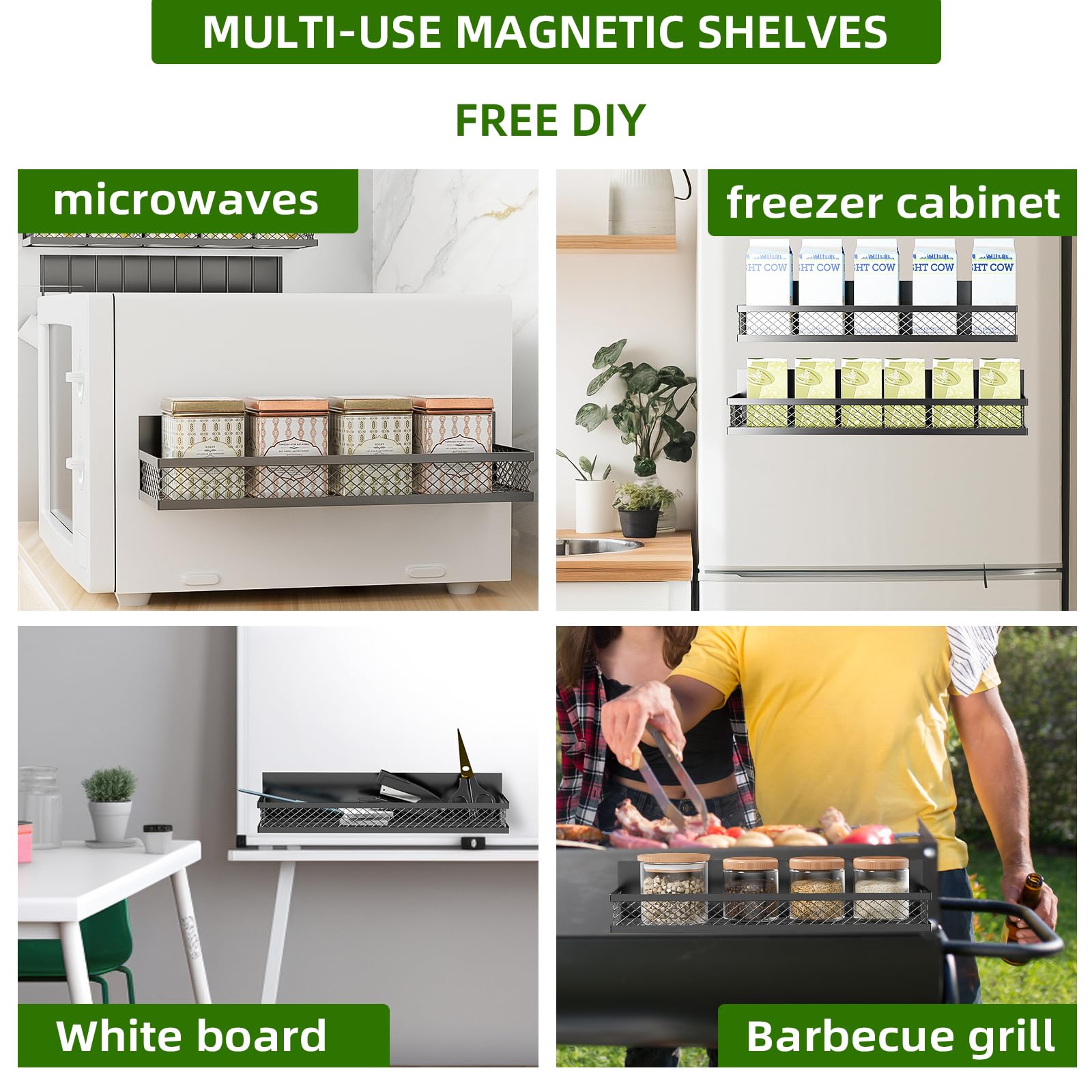 Umomi Magnetic Spice Rack for Refrigerator, 3 Pack Magnetic Shelf for Refrigerator, Moveable Fridge Magnetic Spice Racks with 10-Hook Rack for Kitchen Organizers and Storage