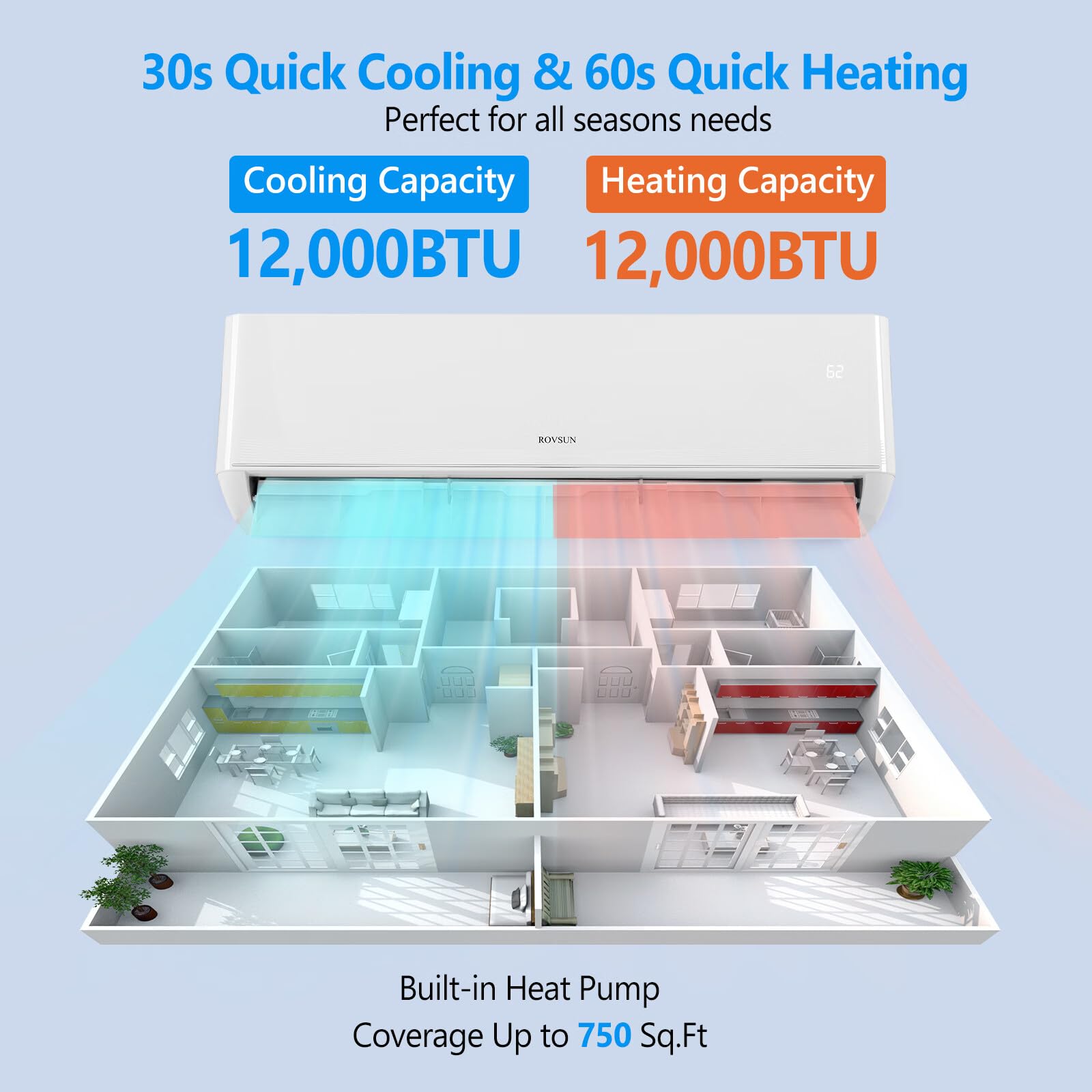 ROVSUN 12,000 BTU WIFI Enabled 23 SEER Mini Split AC/Heating System with Inverter, 230V Ductless Split System Air Conditioner w/Pre-Charged Condenser, Heat Pump & Installation Kit, Works with Alexa