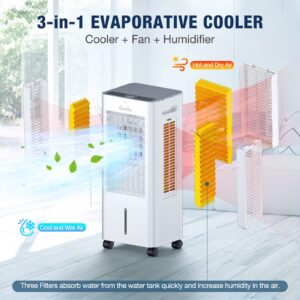 Grelife Air Cooler,3-IN-1 Portable Evaporative Air Cooler Cooling Fan with 4 Ice Packs,12H Timer,1.58 Gallons,Remote Control,3 Modes,3 Speeds,Personal Swamp Cooler for Bedroom, Home, Office, white